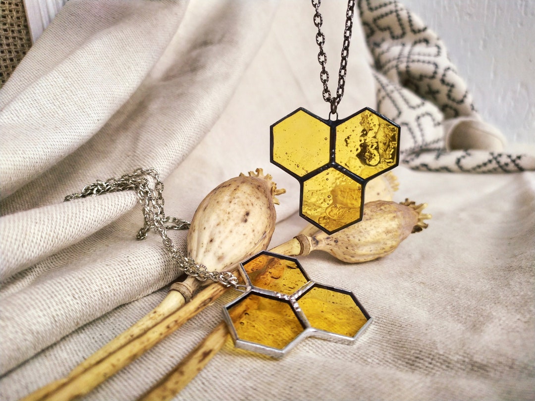 Honeycomb Necklace Stained Glass Pendant, Bee Jewelry Soldered Necklace ...