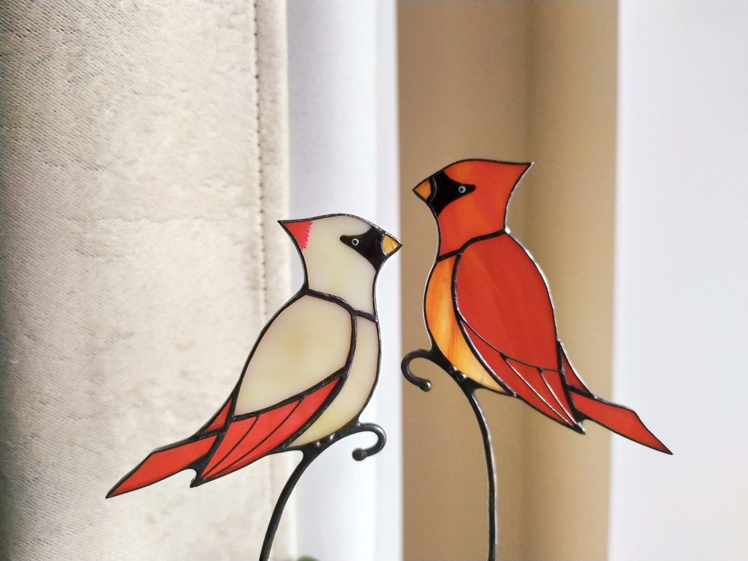 Cardinal Bird Couple Plant Stake Stained Glass Cardinals Red - Etsy