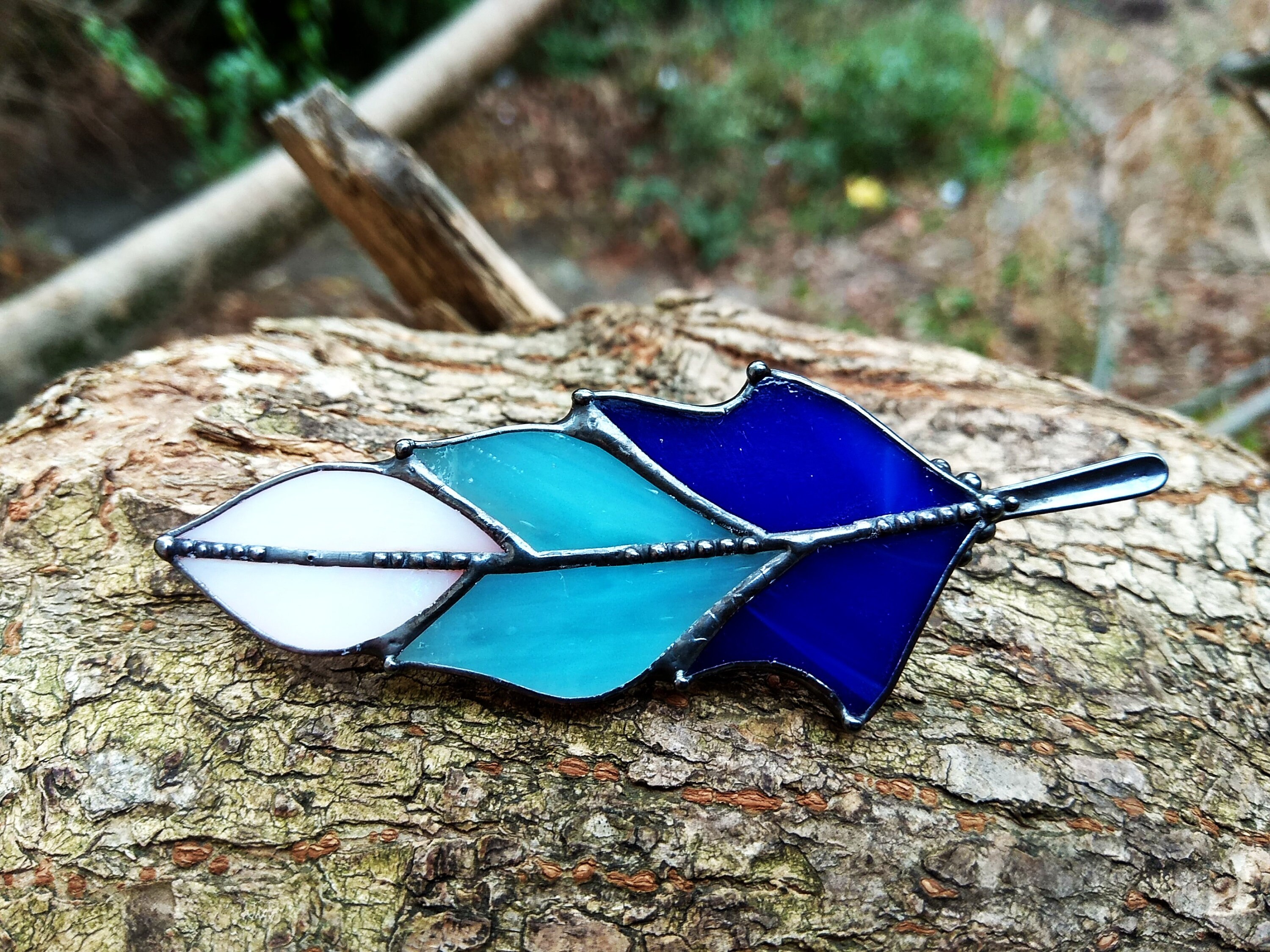 Blue Feather Glass Brooch Mini Classic Stained Glass Feather Blue and ...