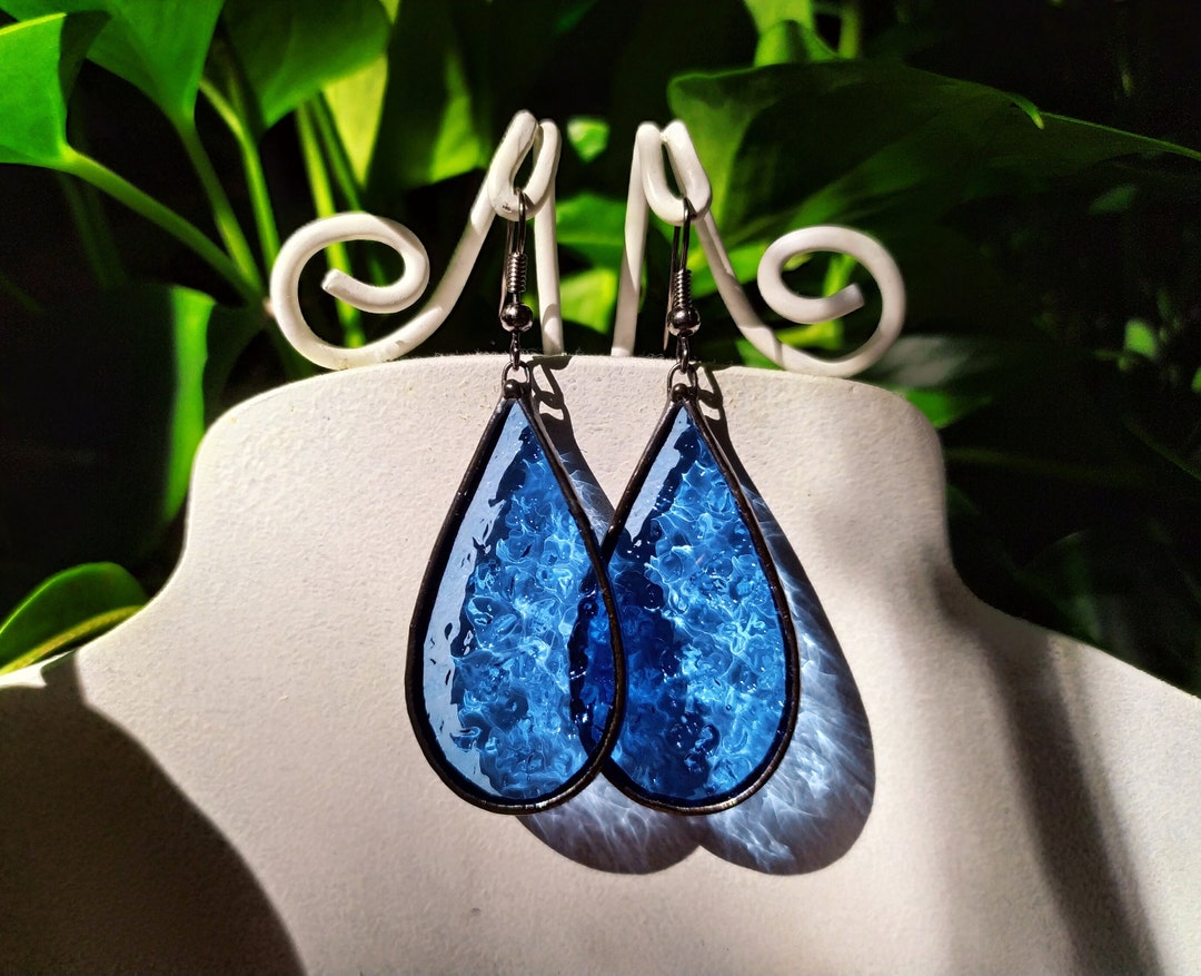Blue Drop Stained Glass Earrings Modern Jewelry, Sun Catcher Earrings ...