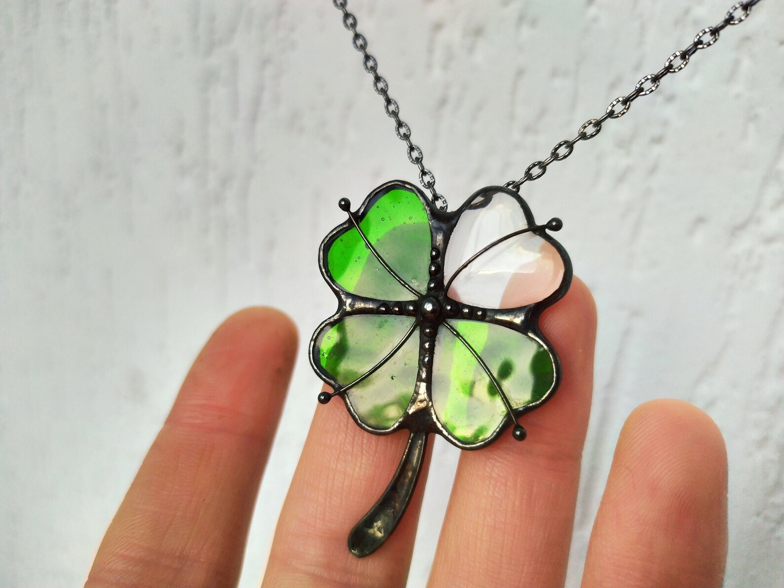 Green Clover Necklace Four Leaf Clover Stained Glass Shamrock Lucky ...