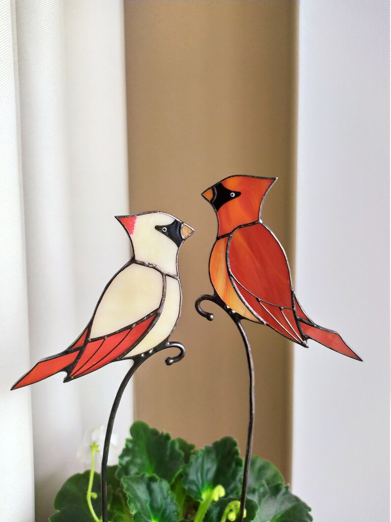 Cardinal Bird Couple Plant Stake Stained Glass Cardinals Red | Etsy