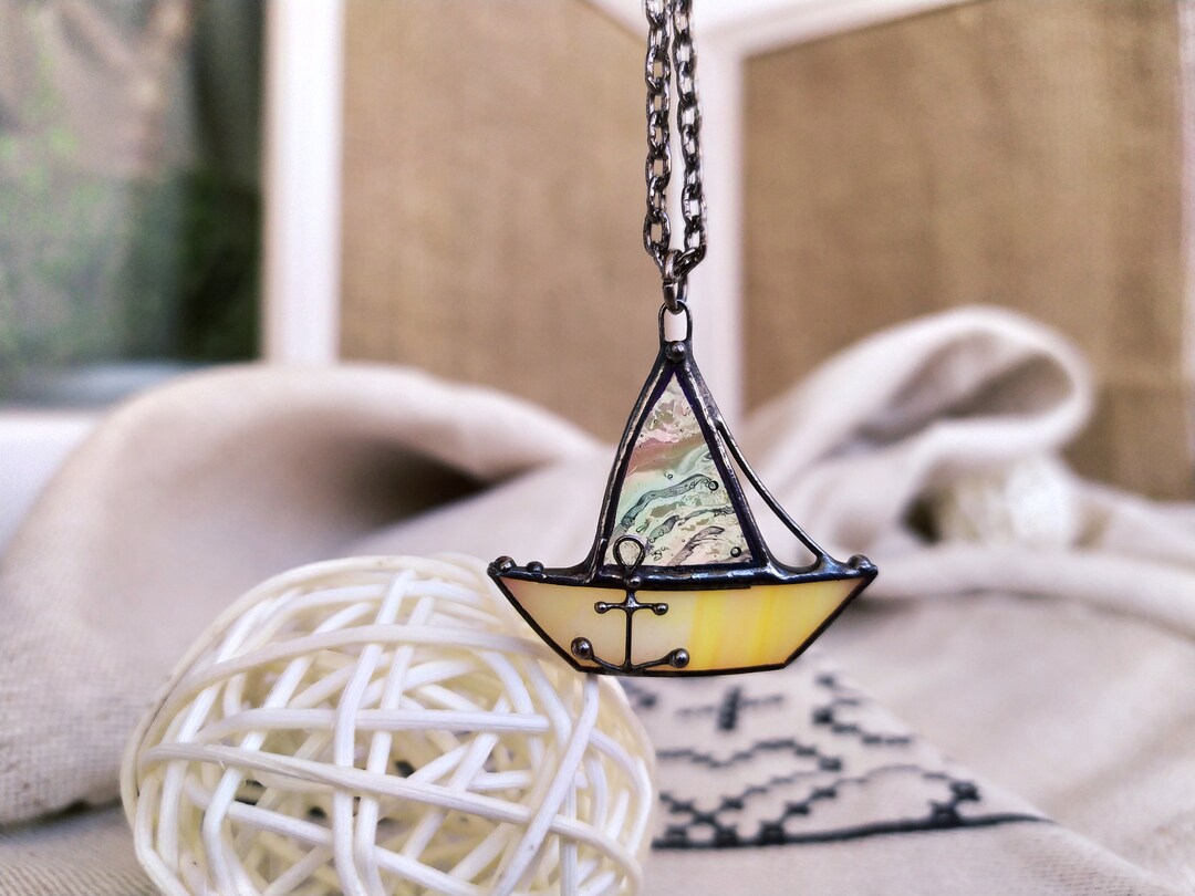 Ship Pendant Color Block Necklace, Stained Glass Sailing Boat Soldered ...