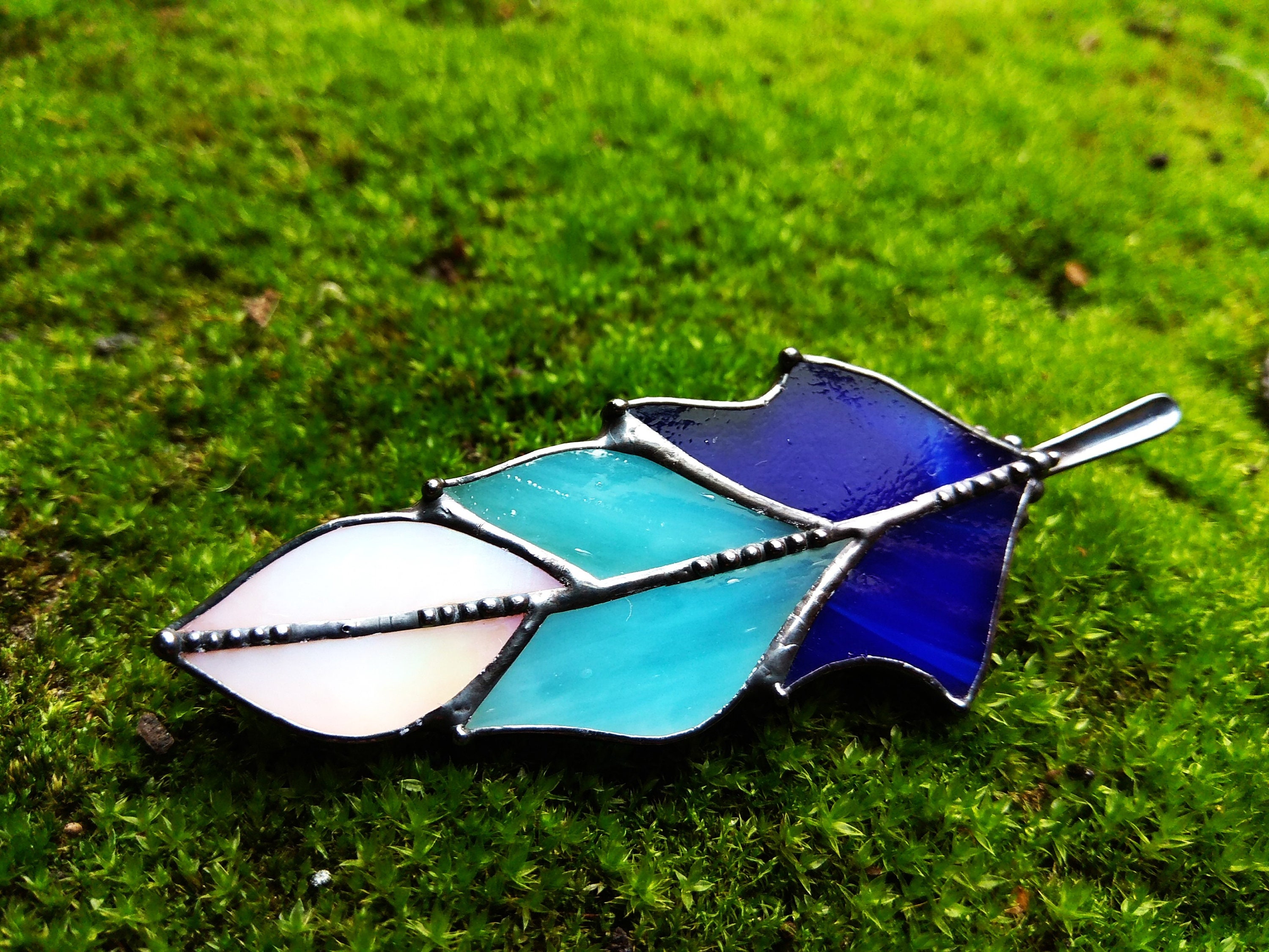 Blue Feather Glass Brooch Mini Classic Stained Glass Feather Blue and ...