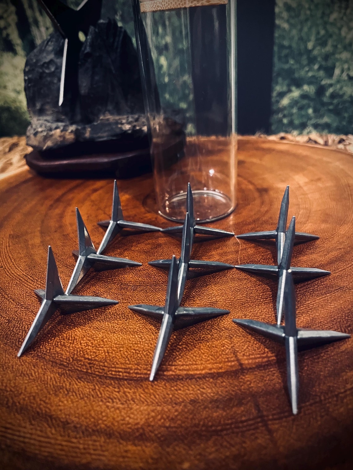 Set of 9 Japanese Makibishi 撒菱 / Tetsubishi 鉄菱 Caltrops & Custom Glass ...