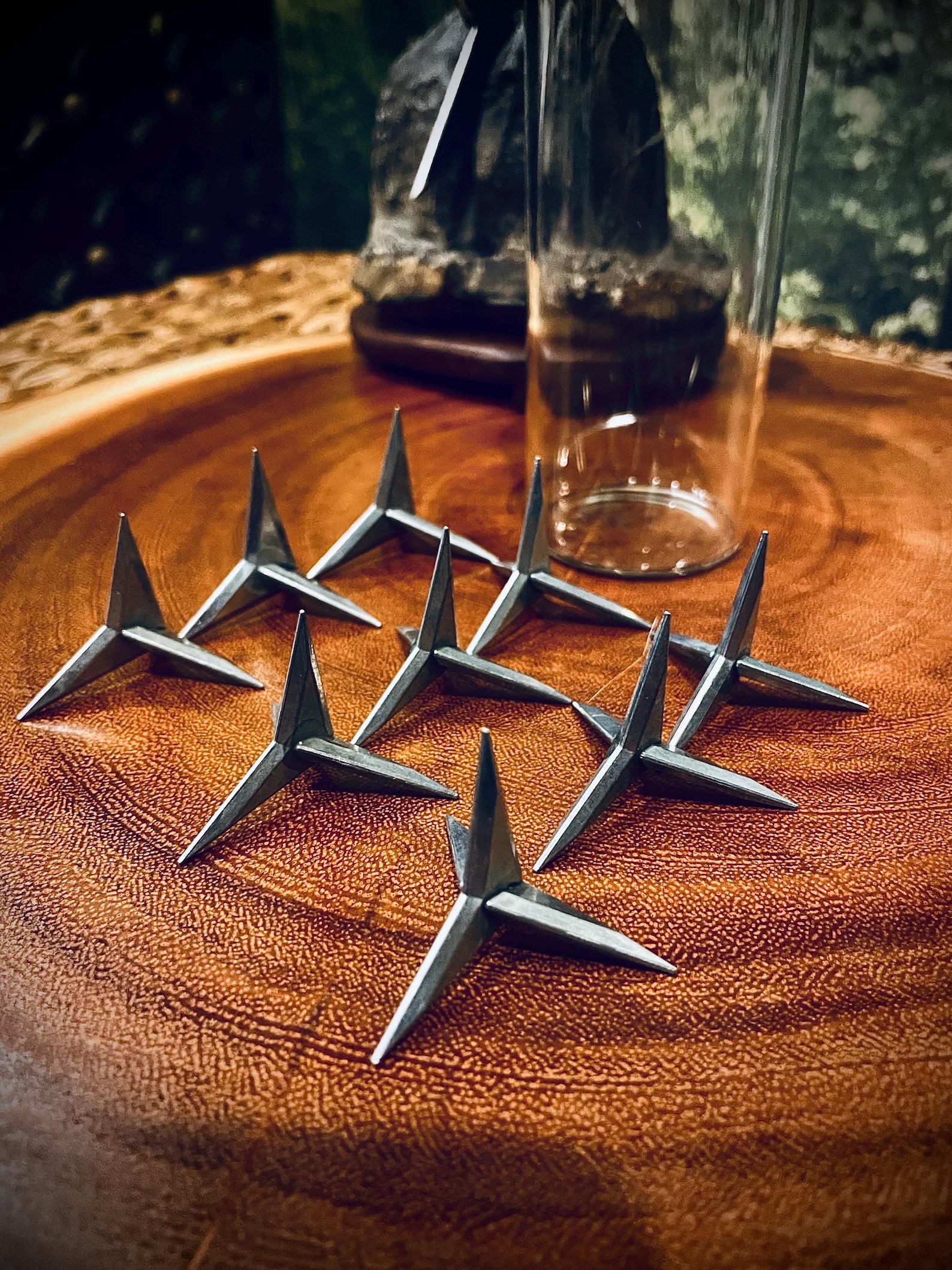 Set of 9 Japanese Makibishi 撒菱 / Tetsubishi 鉄菱 Caltrops & Custom Glass ...