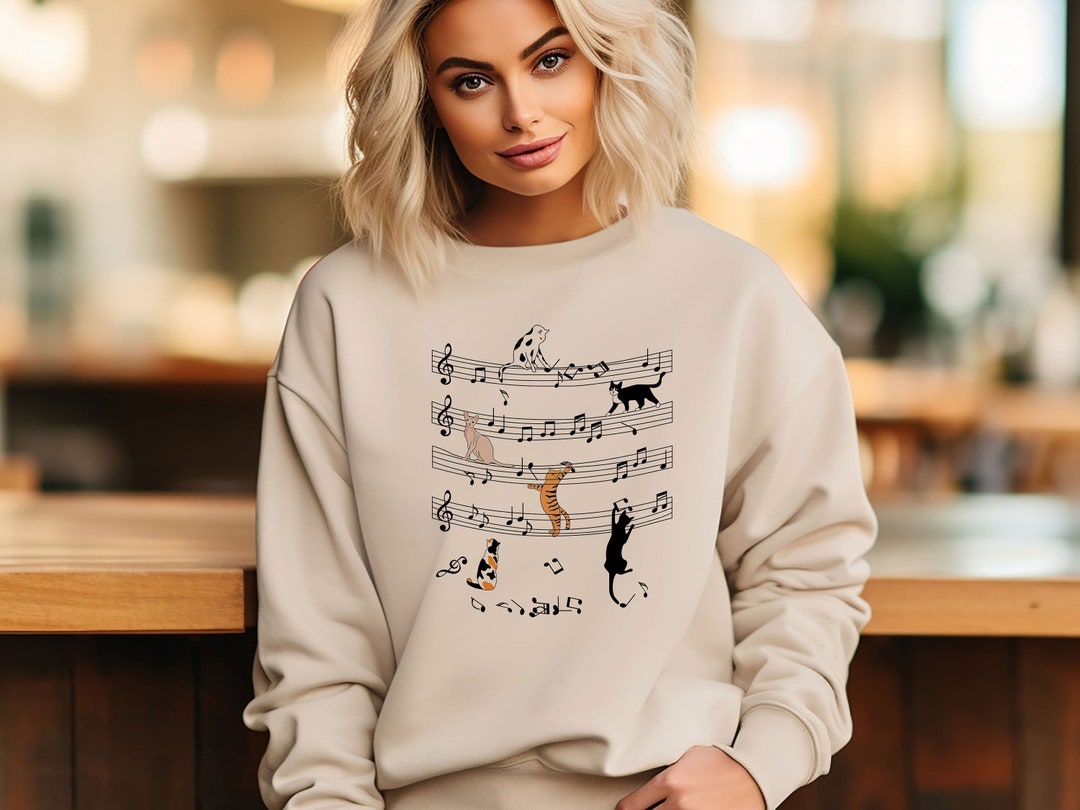 Cats Music Notes Sweatshirt, Funny Musician Sweatshirt, Cat and Music ...