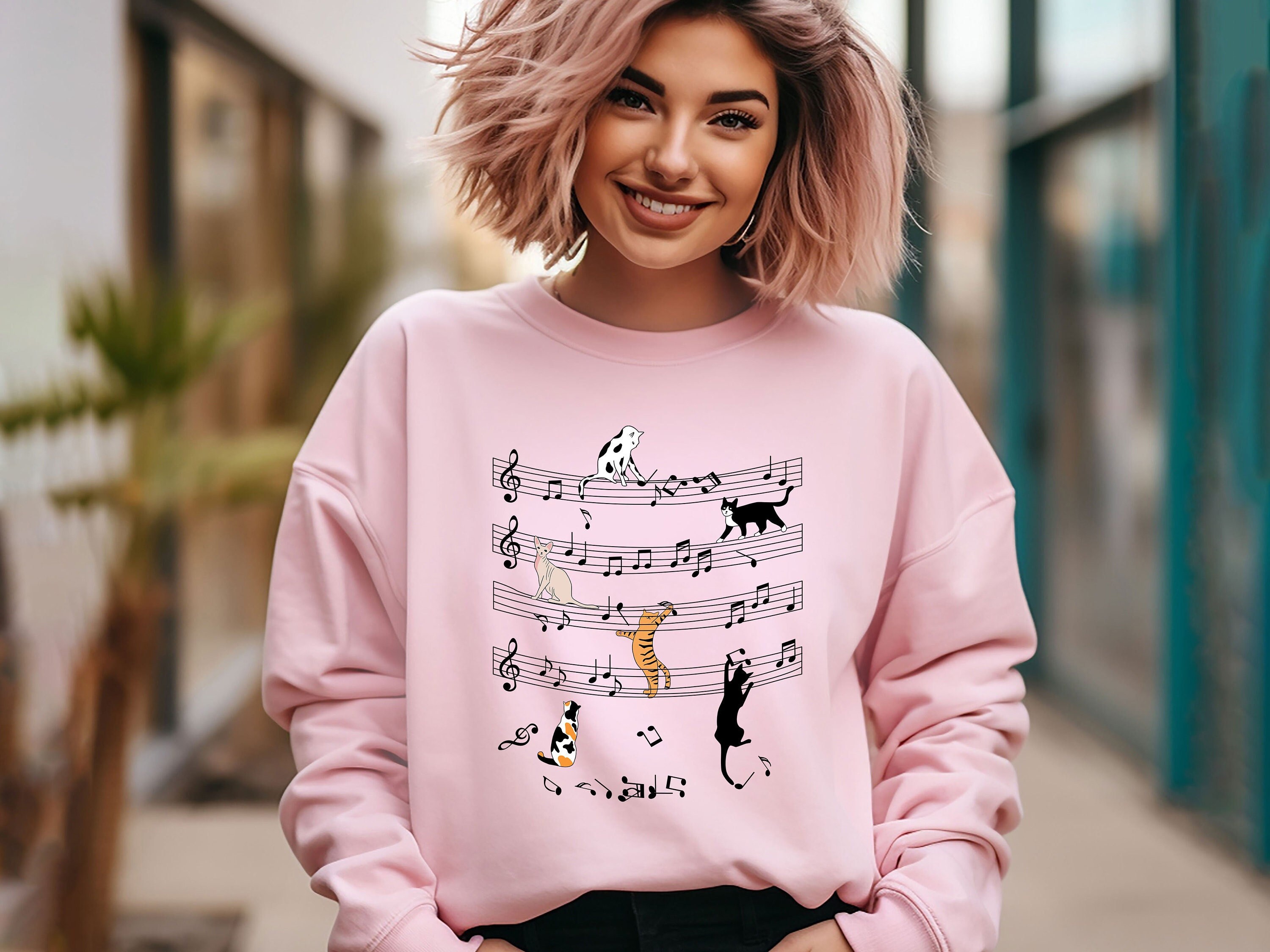 Cats Music Notes Sweatshirt, Funny Musician Sweatshirt, Cat and Music ...