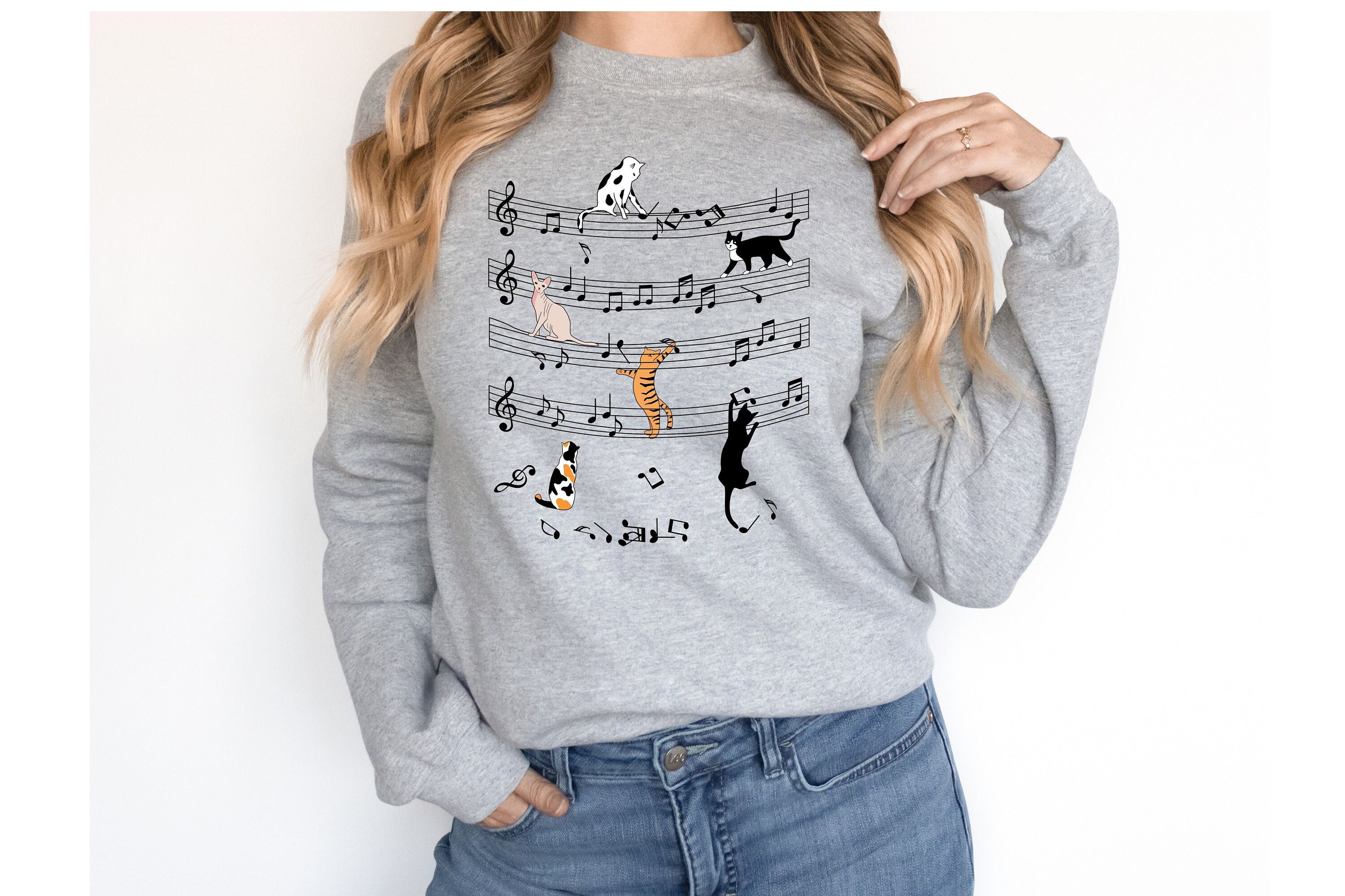 Cats Music Notes Sweatshirt, Funny Musician Sweatshirt, Cat and Music ...