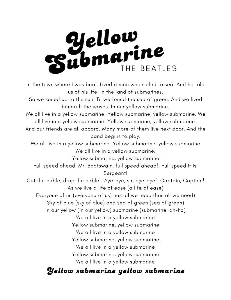 Yellow Submarine - the Beatles Lyrics Art - Etsy