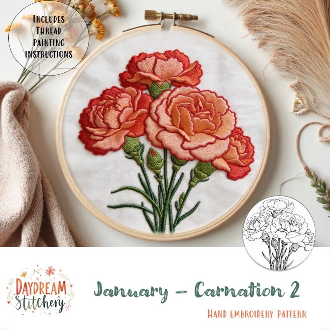 PDF Pattern Hand Embroidery Design: January Carnation 2 (art Birth ...