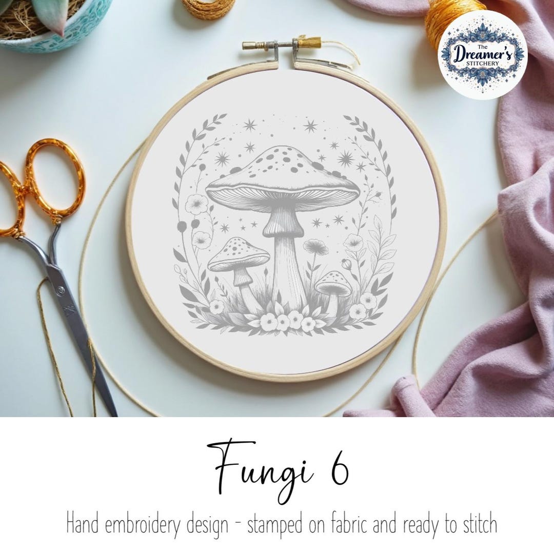 Stamped Hand Embroidery Pattern: Fungi 6 (mushroom Mycelium Toadstool ...