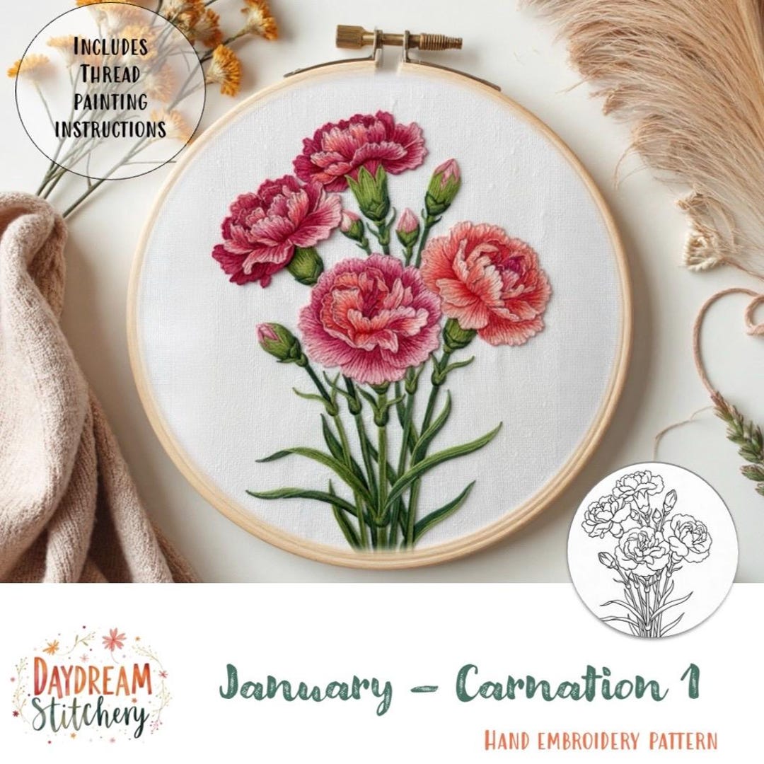 PDF Pattern Hand Embroidery Design: January Carnation 1a (art Birth ...