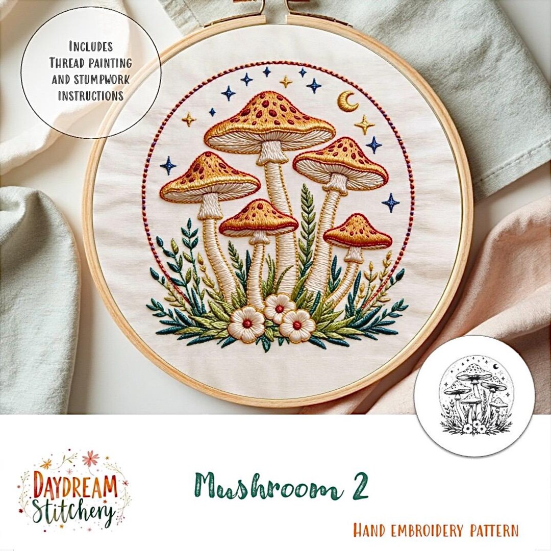 PDF Pattern Hand Embroidery Design: Mushroom 2 (fungi Mycelium Nature ...
