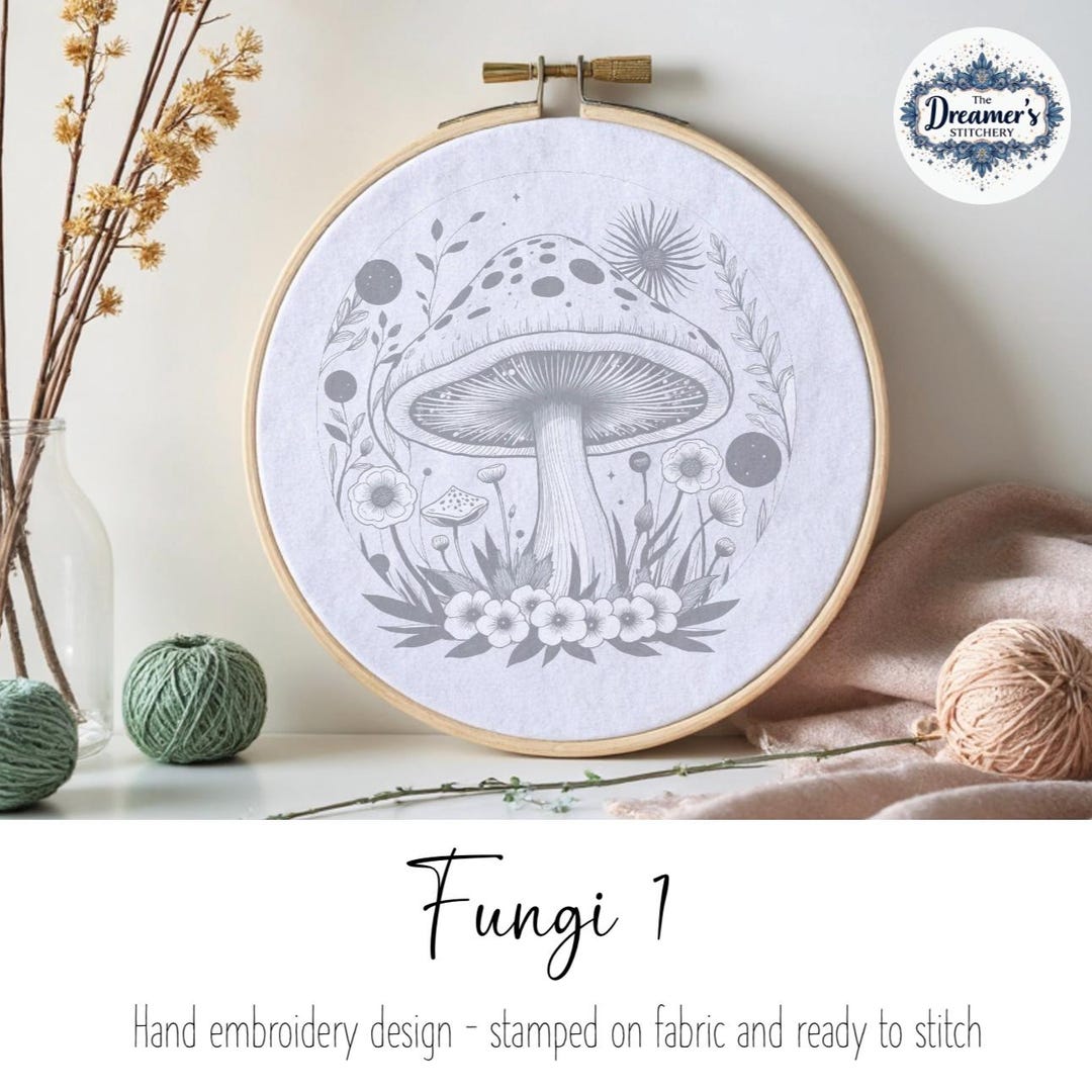Stamped Hand Embroidery Pattern: Fungi 1 (mushroom Mycelium Toadstool ...