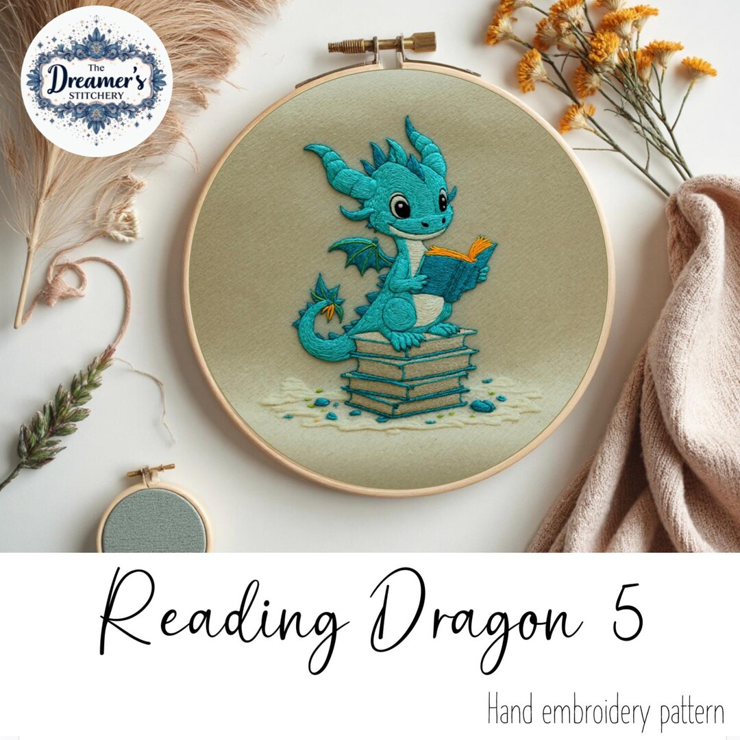 Printable Hand Embroidery Pattern – Reading Dragon 5 (mythical Fantasy ...