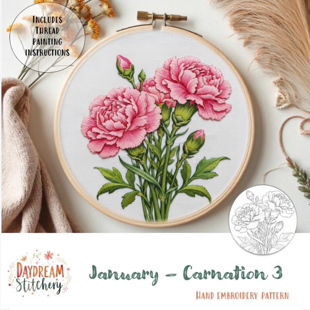 PDF Pattern Hand Embroidery Design: January Carnation 3a (art Birth ...