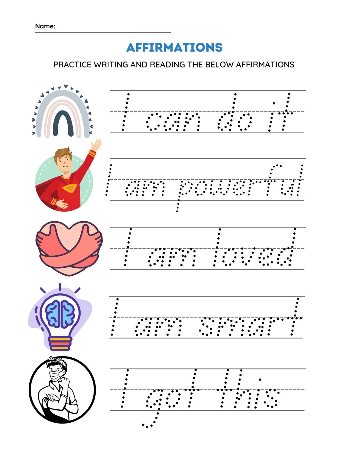 Affirmations for Kids/pre-k Activities/learning to Write/self ...