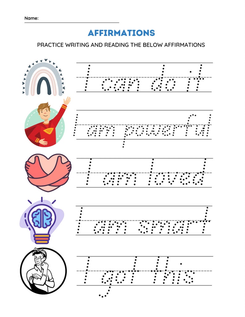 Affirmations for Kids/pre-k Activities/learning to Write/self ...