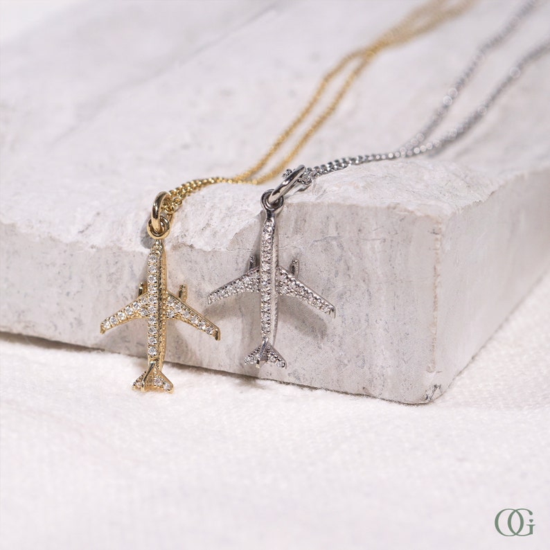 Airplane Diamond Pendant 14K Gold Unique Contemporary Charm, Sparkling ...