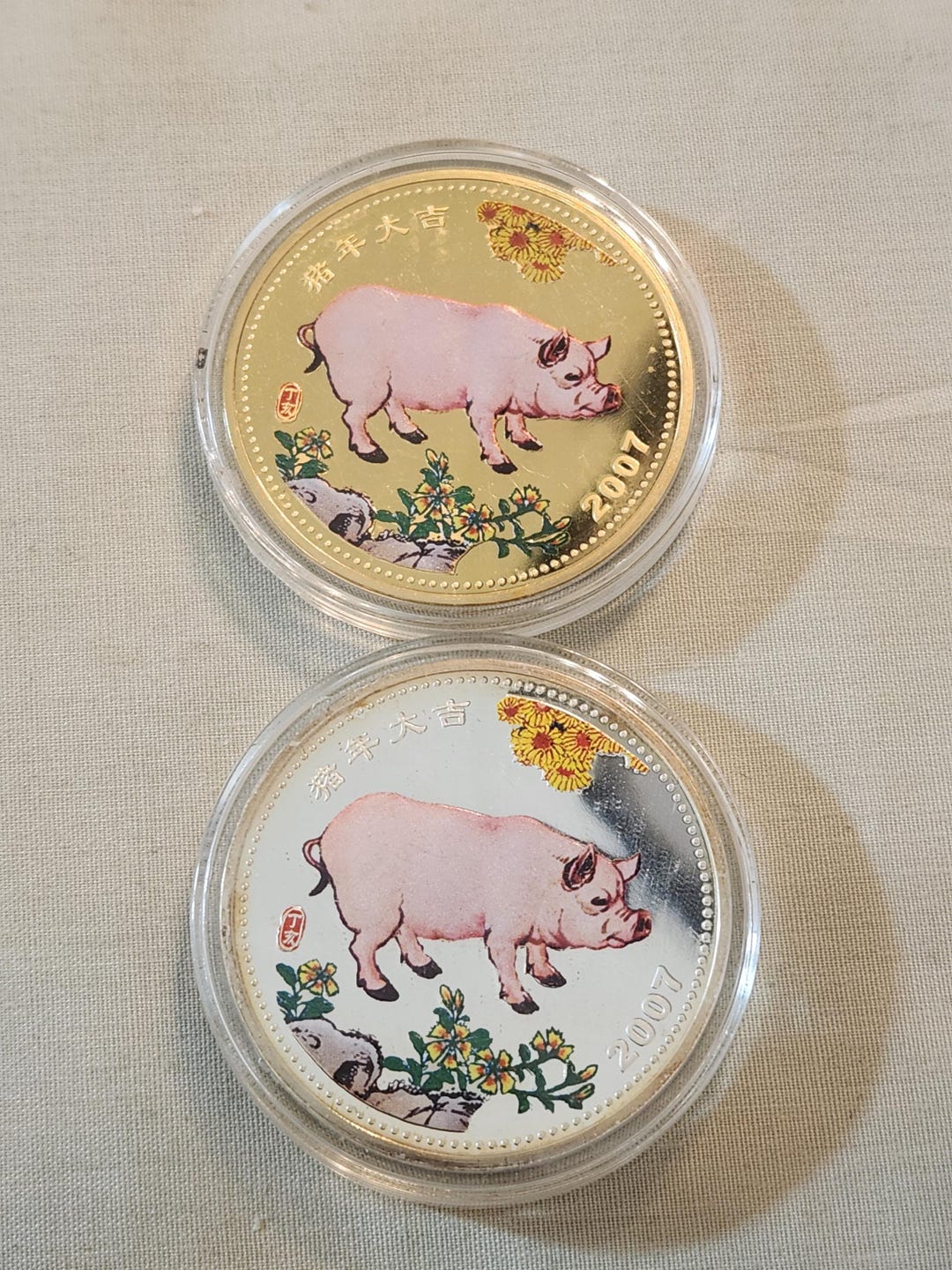 China Year of the Pig Gold Plate and Silver Plate Colorized Medal Set ...