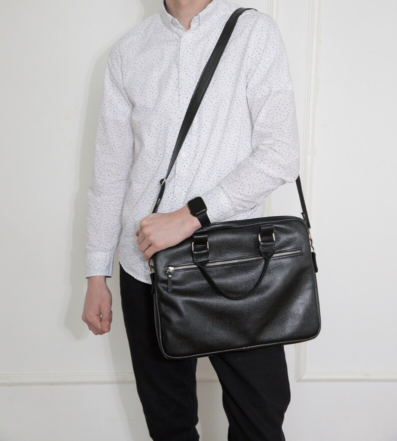Black Leather Laptop Satchel Bag, Office Briefcase, Dad Gift, Fathers ...