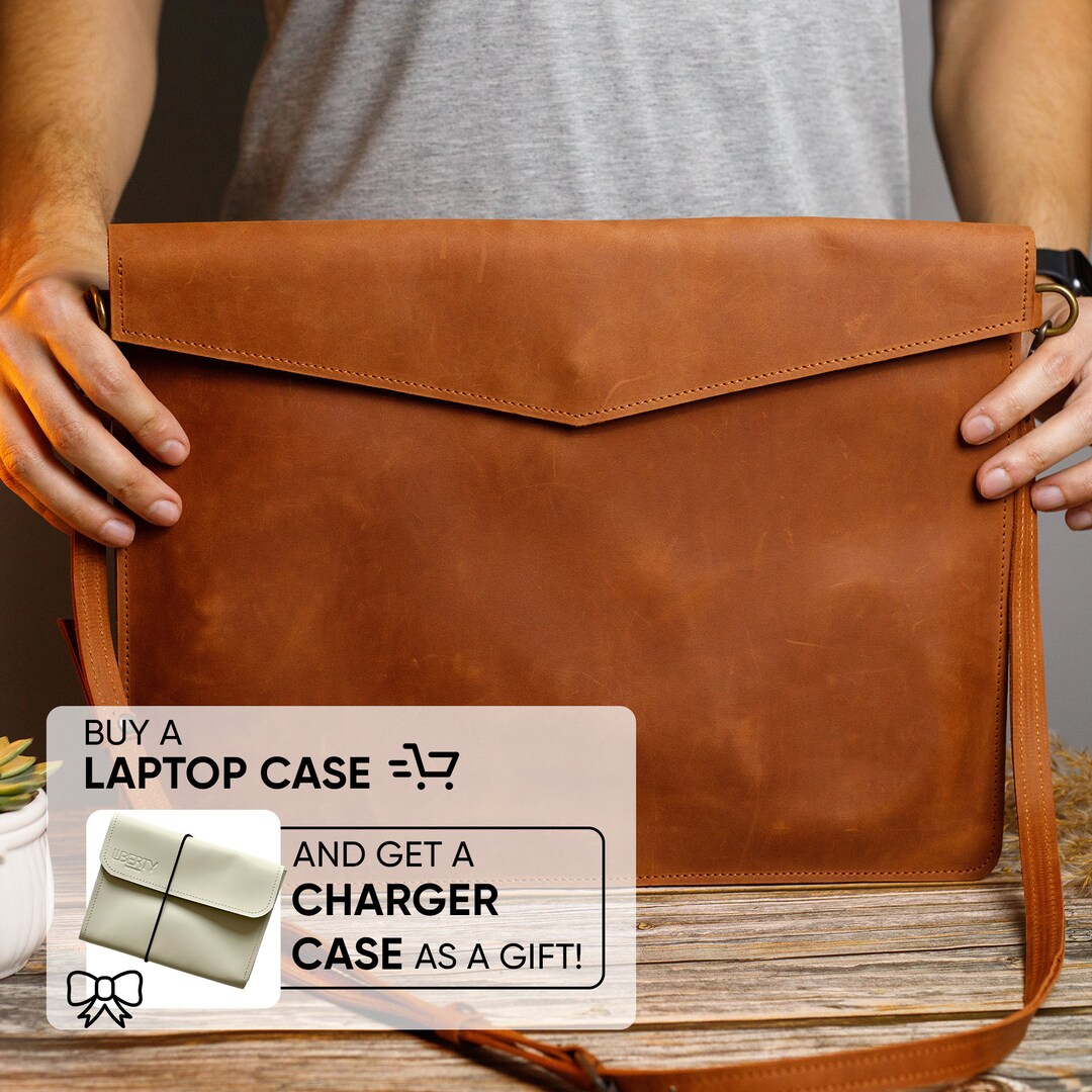 Personalized Leather Laptop Bag With Zipper and Shoulder Strap, Custom ...