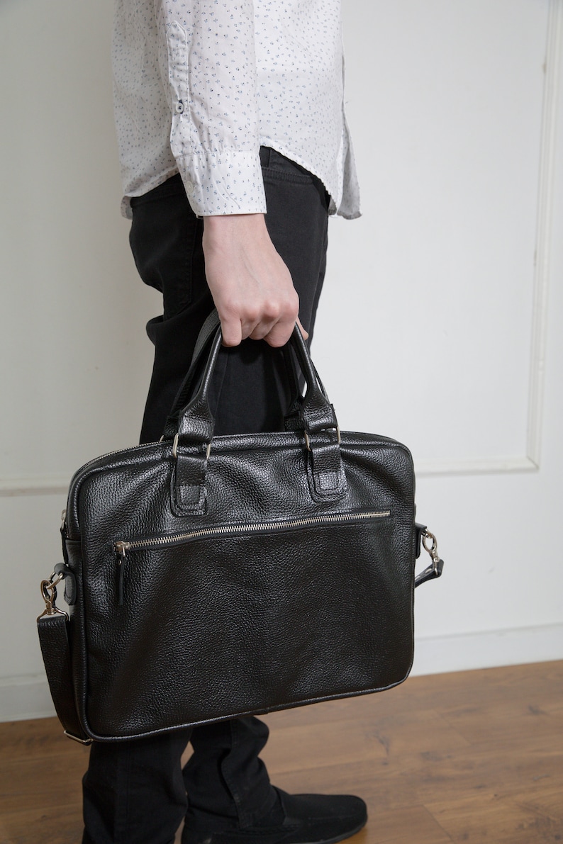 Black Leather Laptop Satchel Bag, Office Briefcase, Dad Gift, Fathers ...