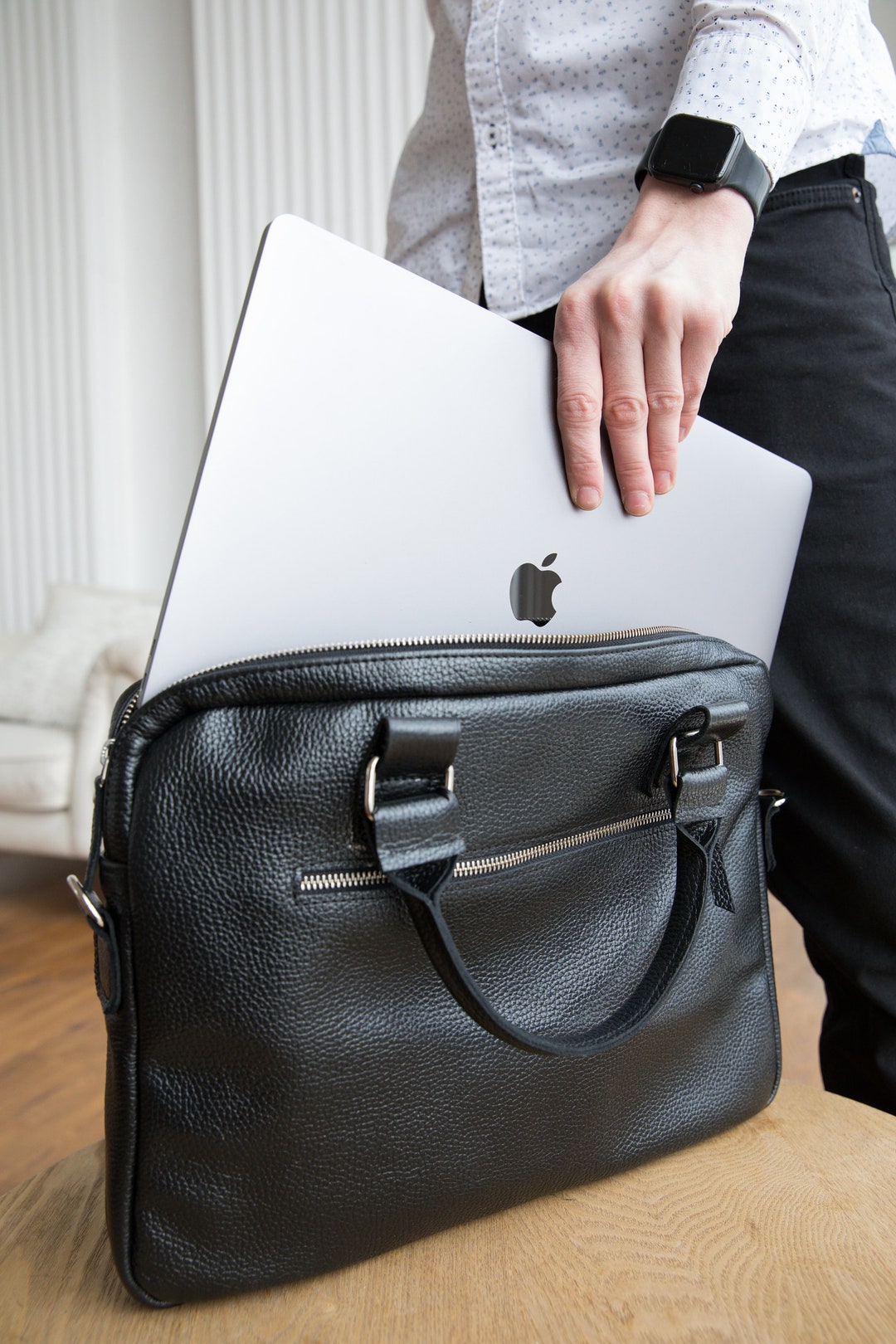 Black Leather Laptop Satchel Bag, Office Briefcase, Dad Gift, Fathers ...