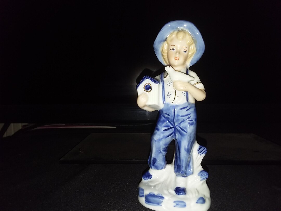 Vintage Porcelain Blue & White Statue of Boy With Bird - Etsy UK