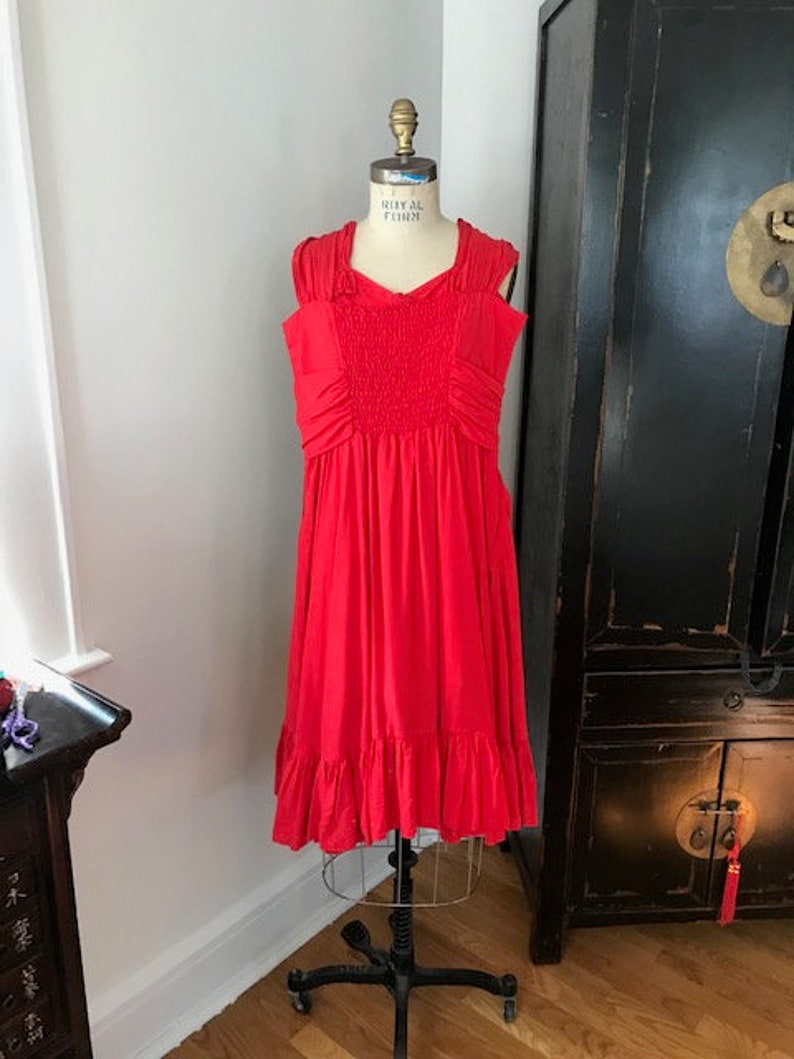 Unusual 80's Does 50's Romper/sundress Playsuit! Red, Smocked Panels ...
