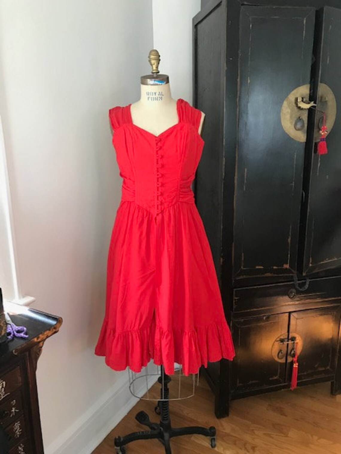 Unusual 80's Does 50's Romper/sundress Playsuit! Red, Smocked Panels ...