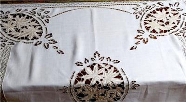 Terrific French 19thc Handmade Linen Tablecloth Leaf Richelieu - Etsy