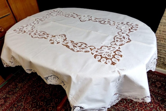 N96 Gorgeous Antique White Linen Tablecloth Handcrafted - Etsy