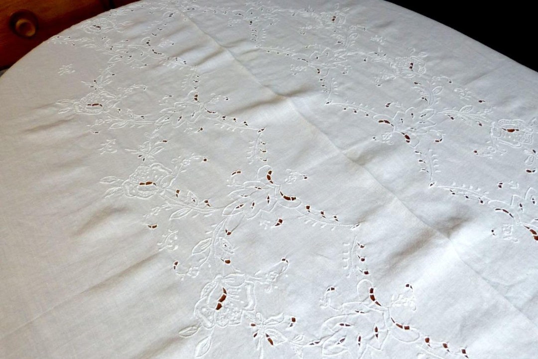 N98 Large Extraordinary Handmade Antique Linen Tablecloth Three ...