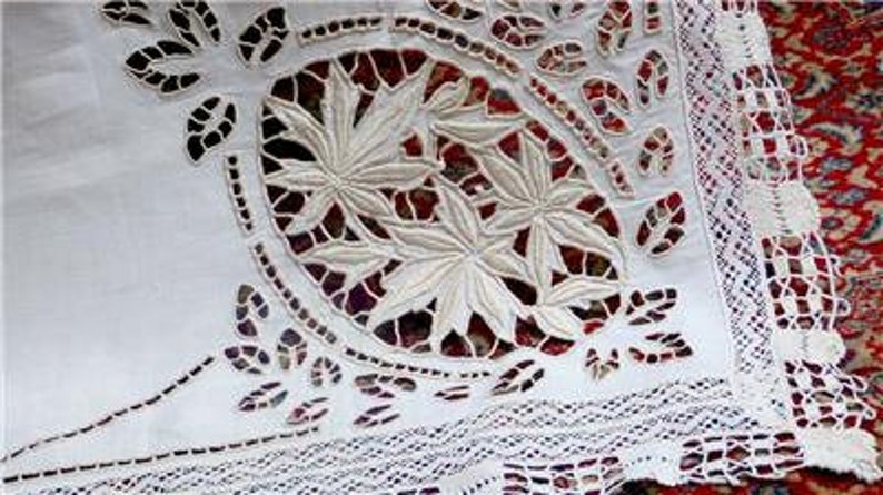 Terrific French 19thc Handmade Linen Tablecloth Leaf Richelieu - Etsy