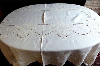 N90 Gorgeous Large Antique Linen Tablecloth Blossom Design Several ...