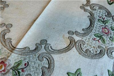 Rare Antique Natural Linen Tablecloth With Colored Ornamental Wool ...