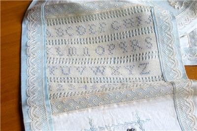 Exquisite Antique Handmade ABC Sampler Ensemble 18 Elements W Lace ...
