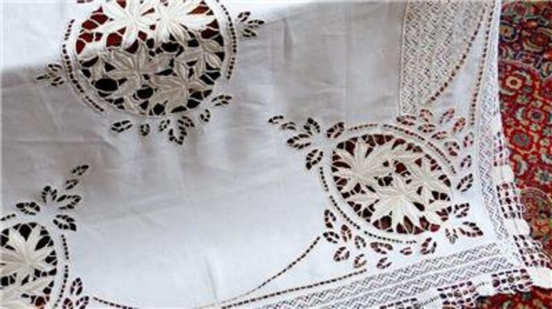 Terrific French 19thc Handmade Linen Tablecloth Leaf Richelieu - Etsy