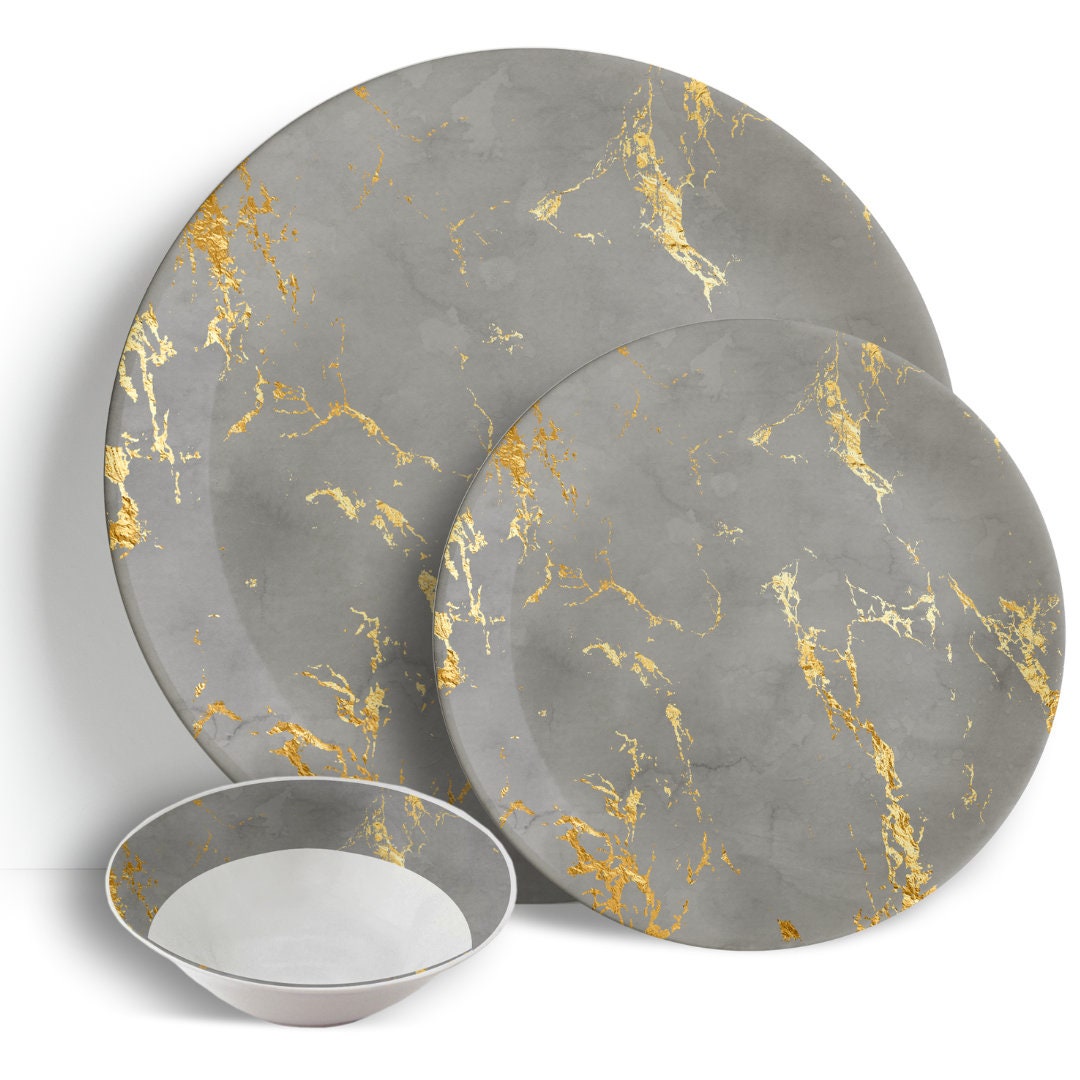 Grey & Gold Marble 18pc Dinner Set Ceramic Porcelain China - Etsy