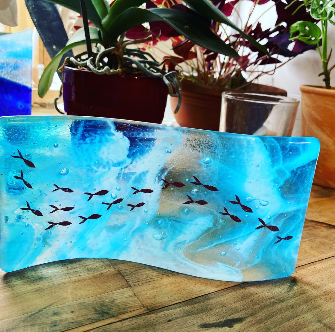 Handmade Fused Glass Wave Sea and Fish Sculpture Suncatcher - Etsy