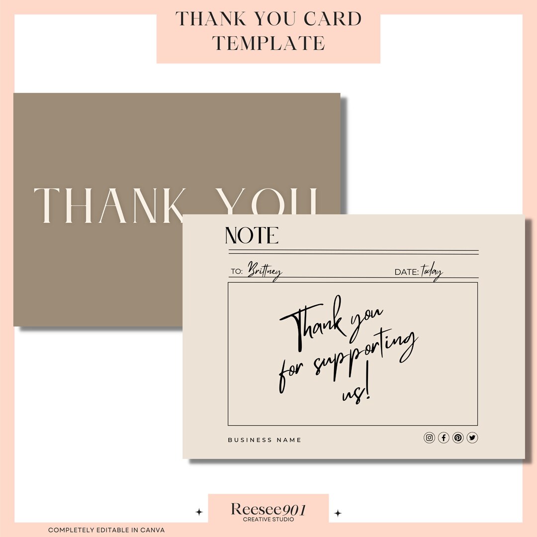 Modern Note Thank You Card 7x5 Template Modern Editable Thank You Card ...