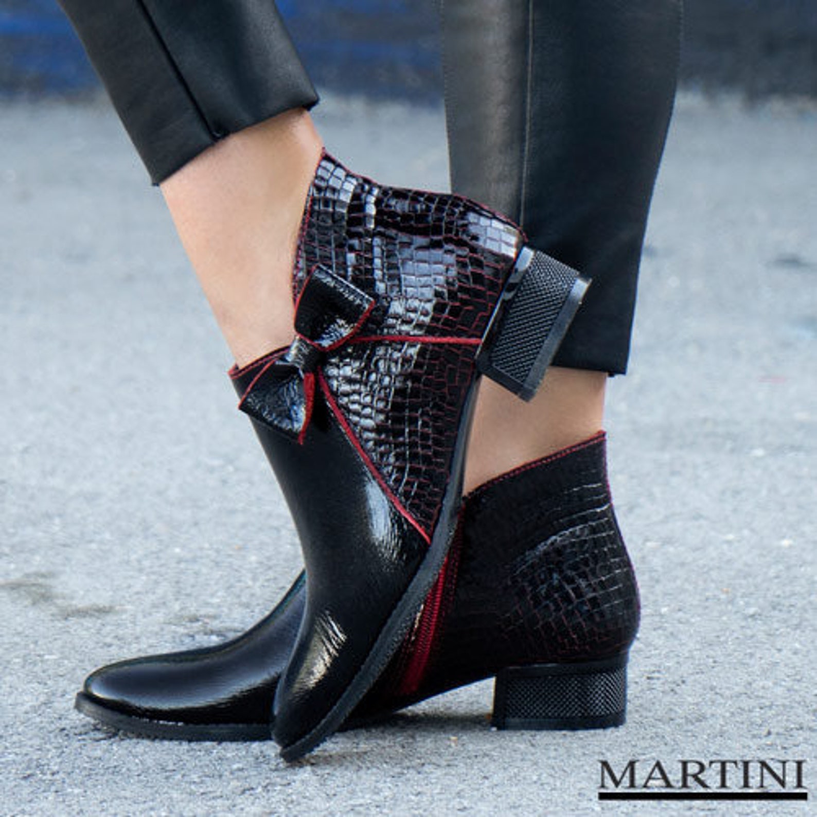 Leather Ankle Boots Red Seams Women's Boots Chunky - Etsy