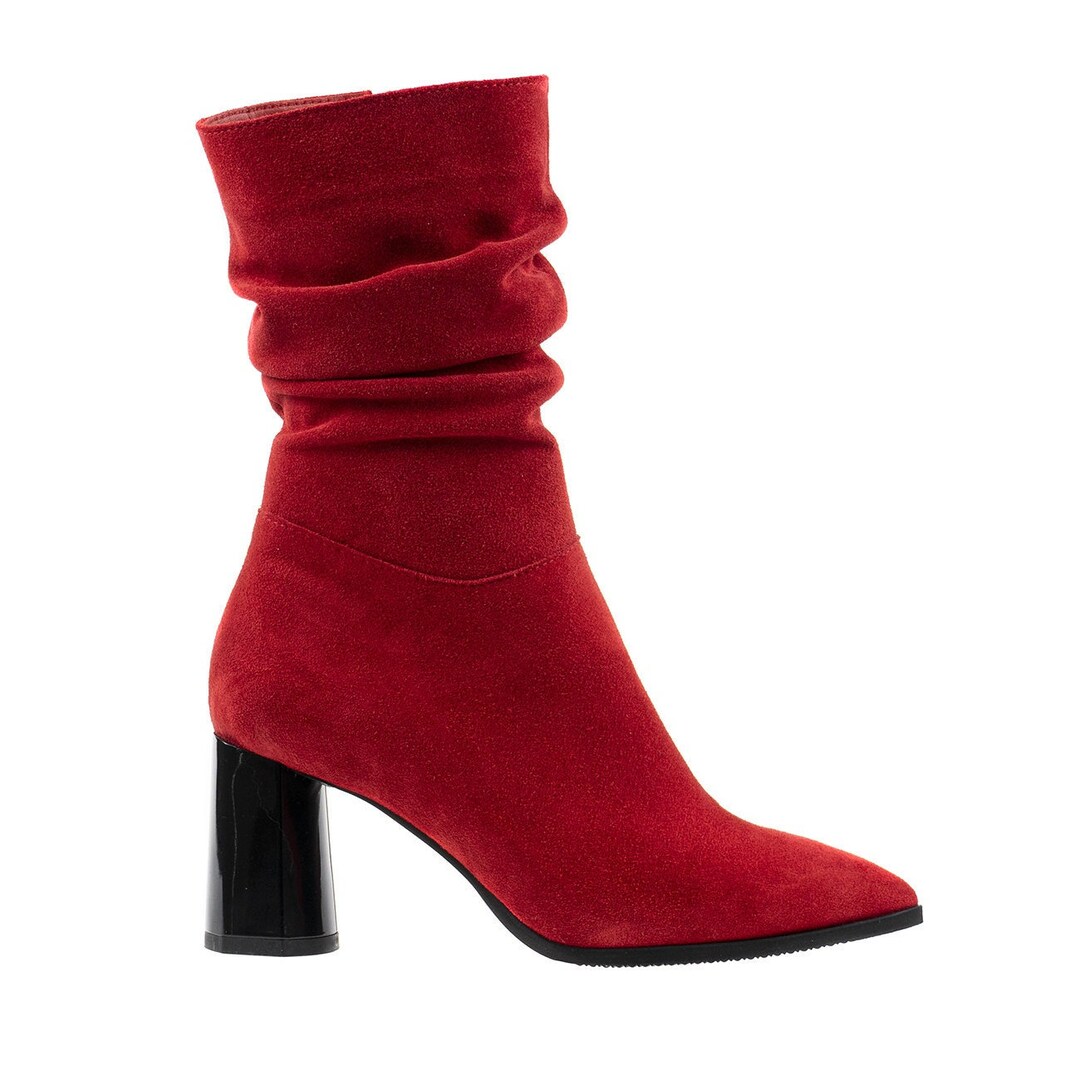 Red Boots With Black Chunky Heel ~ Suede Leather Boots ~ Stylish Chunky ...