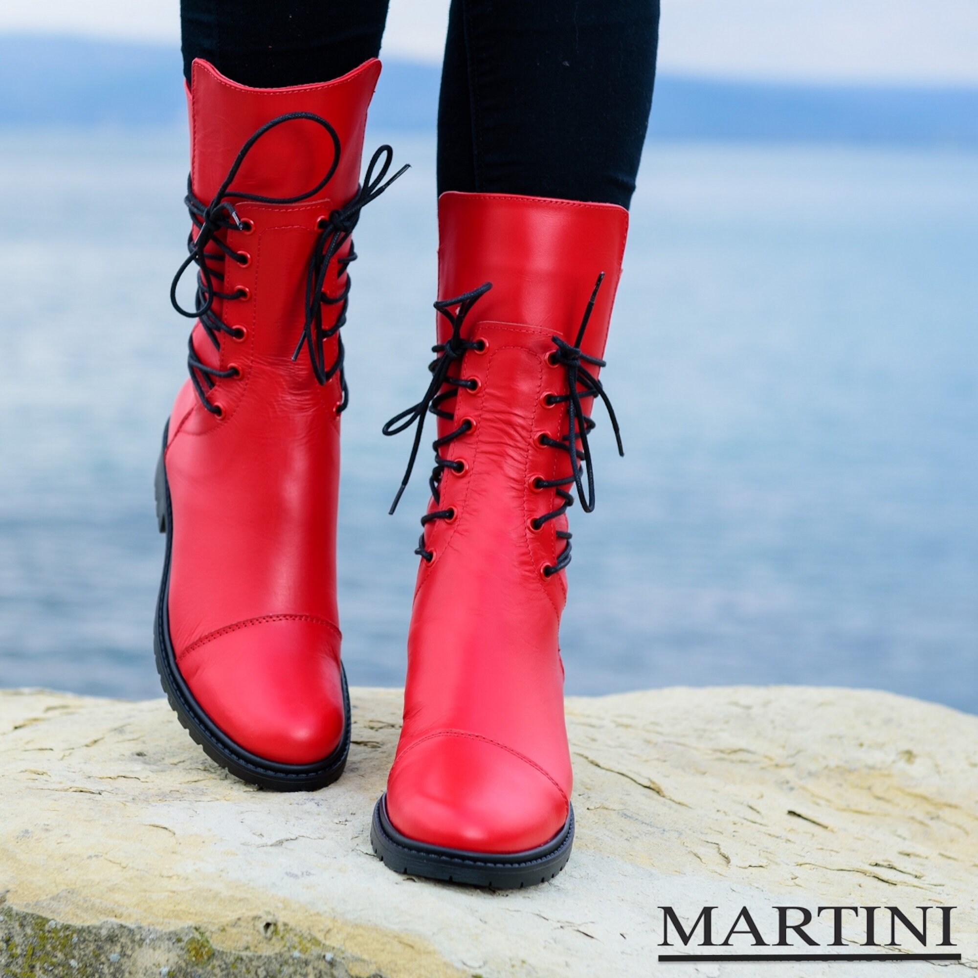 Women Boots Red Boots Boots With Ties Genuine Leather - Etsy