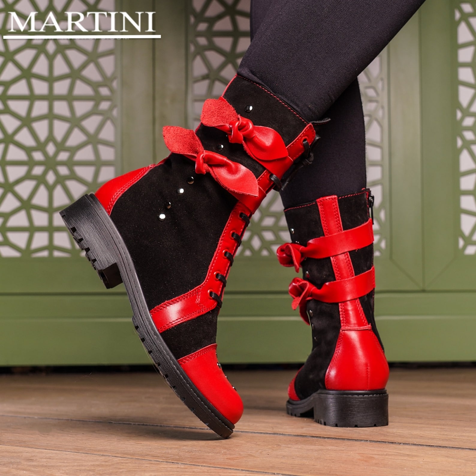 Women Combat Boots Boots With Red Ribbons Genuine Leather Boots Gothic ...