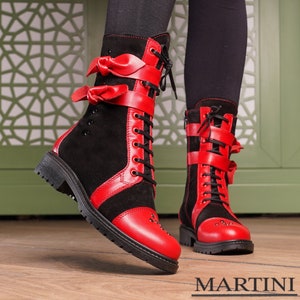 Women Combat Boots ~ Boots With Red Ribbons ~ Genuine Leather Boots ...