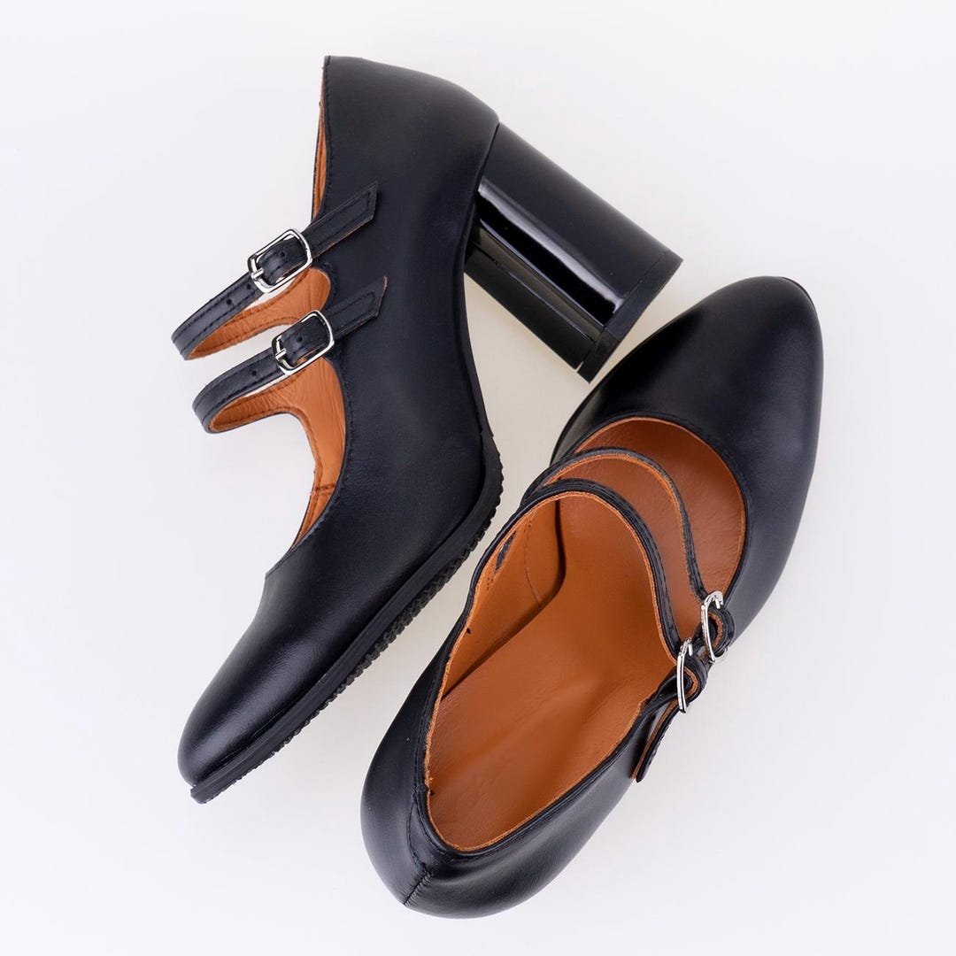 Black Mary Janes ~ Genuine Leather ~ High Chunky Heels ~ Ankle Strap ...