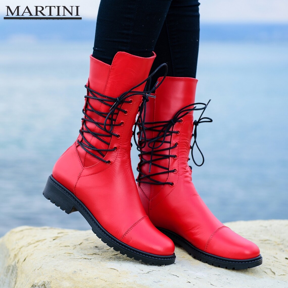 Women Boots Red Boots Boots With Ties Genuine Leather - Etsy